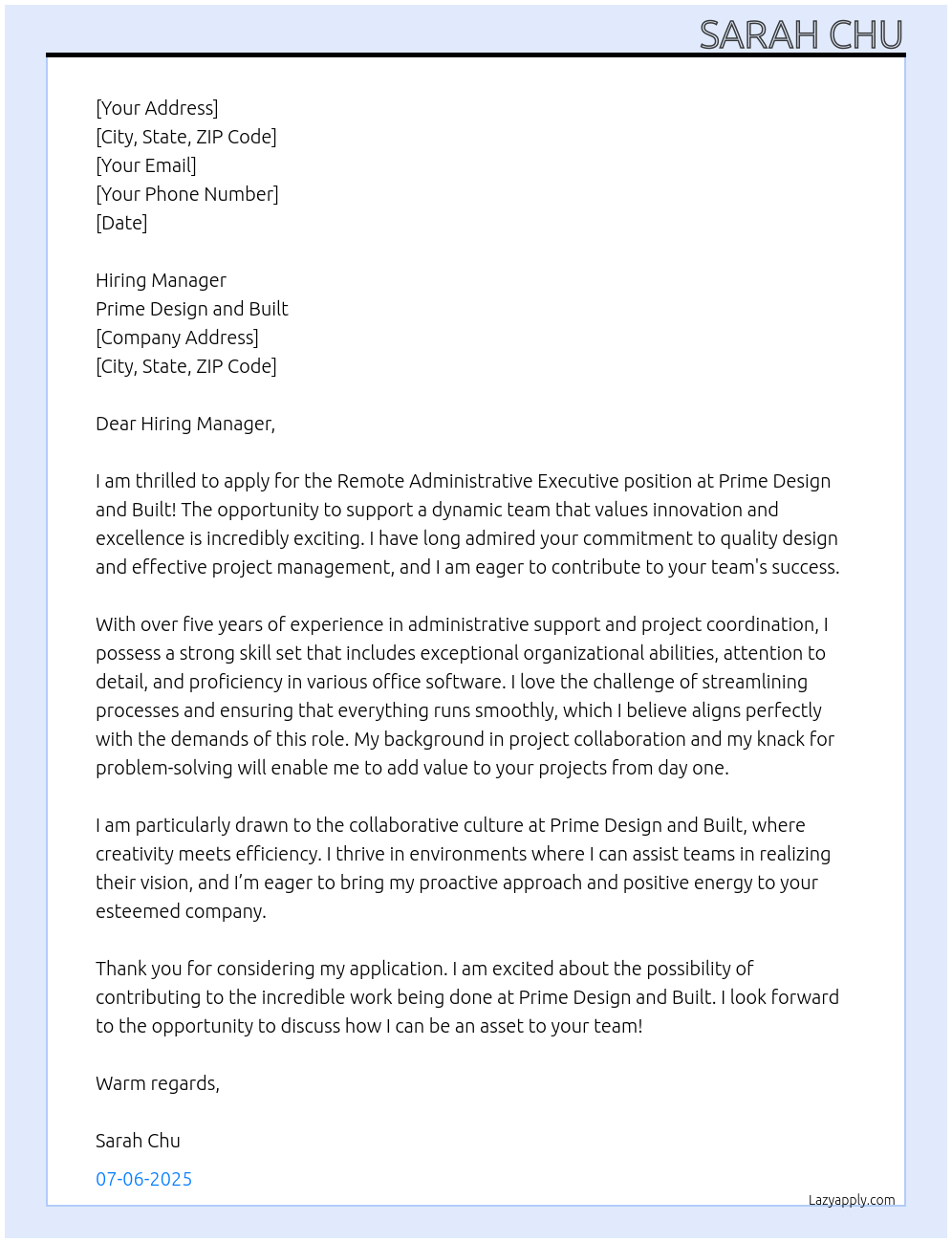 Cover letter for remote administrative executive - LazyApply