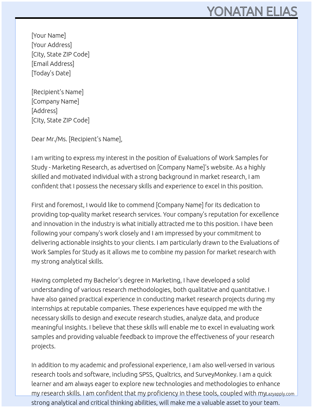 Cover letter for evaluations of work samples for study - marketing ...