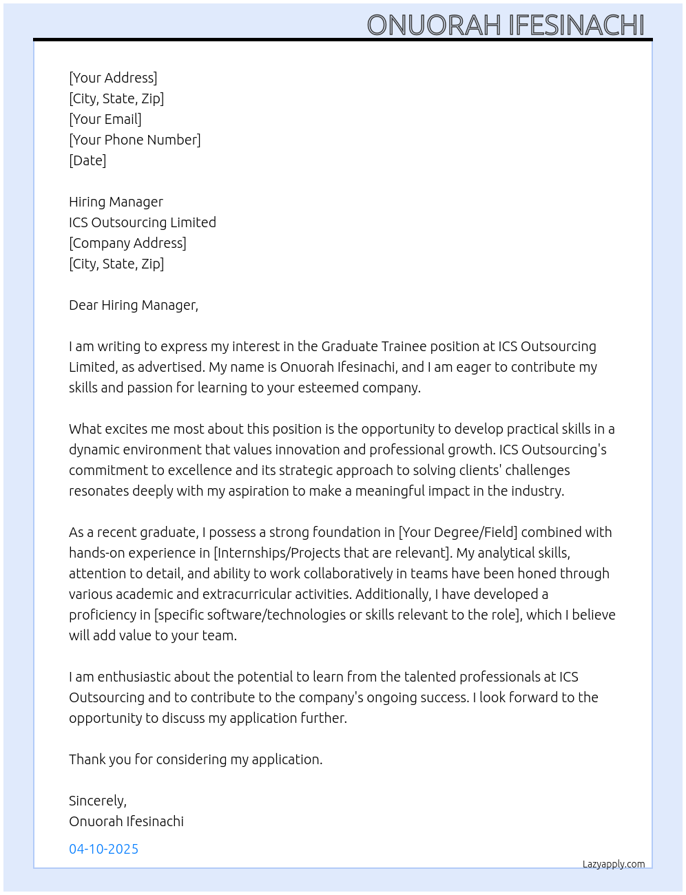Cover letter for graduate trainee - LazyApply