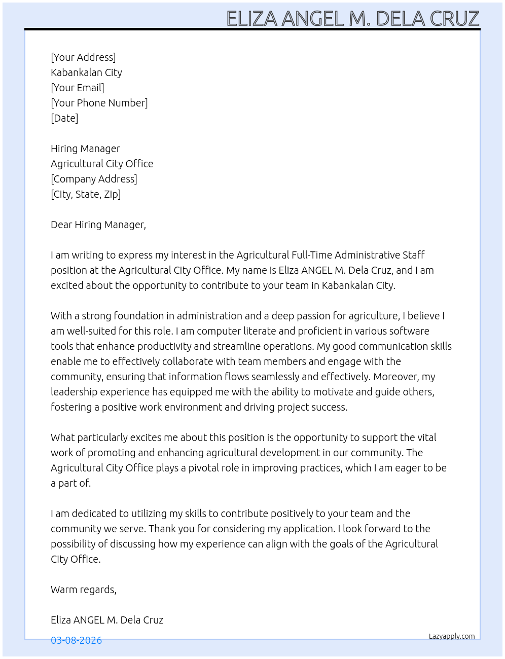 Cover letter for agricultural - LazyApply