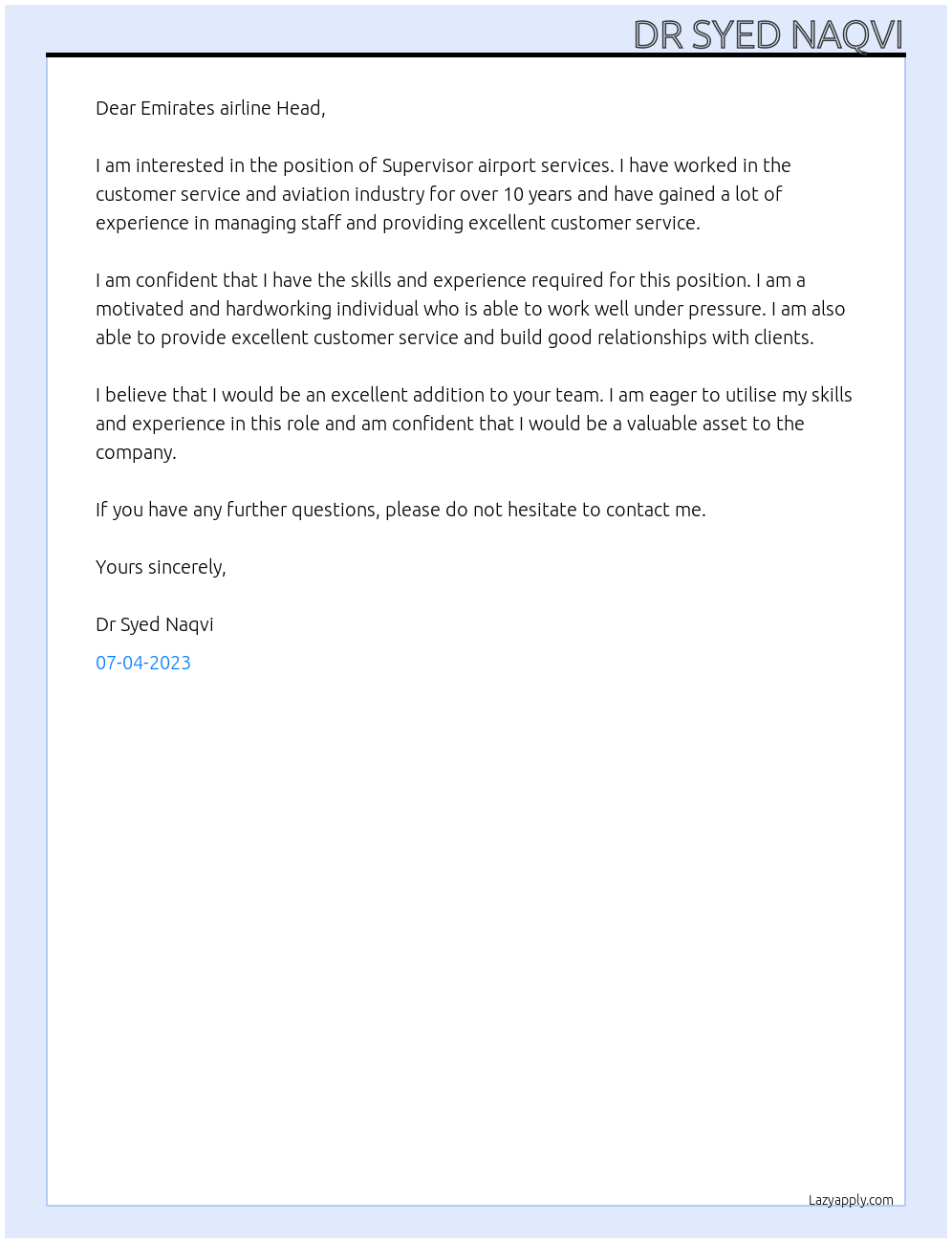 Cover letter for supervisor airport services - LazyApply