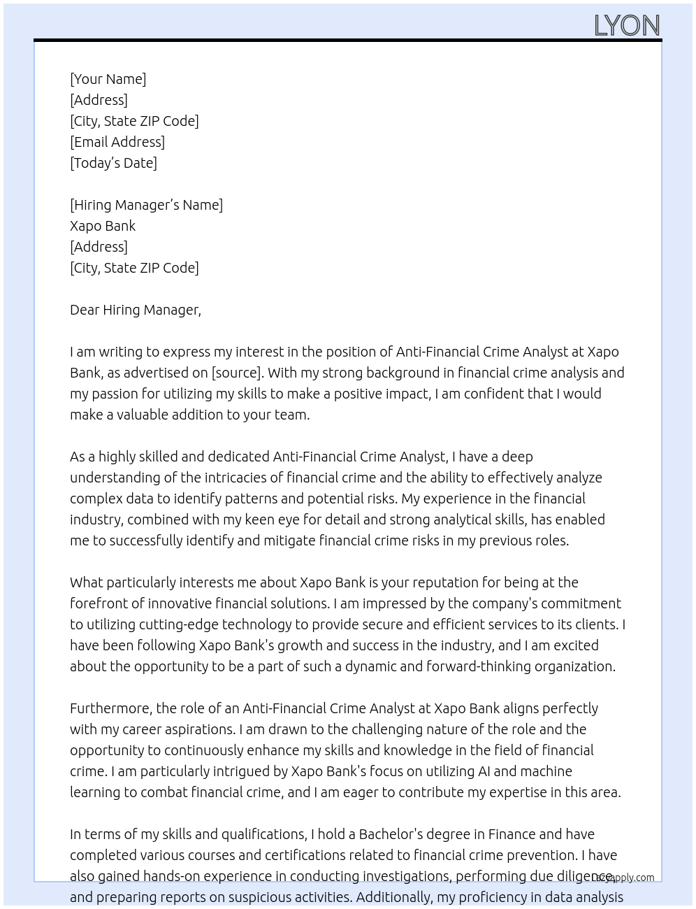 Cover letter for anti-financial crime analyst - LazyApply