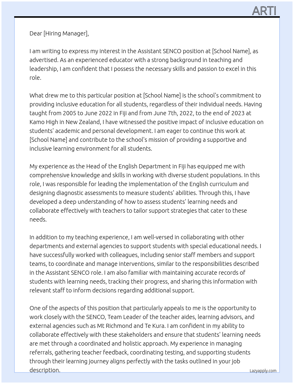 Cover letter for assistant senco - LazyApply