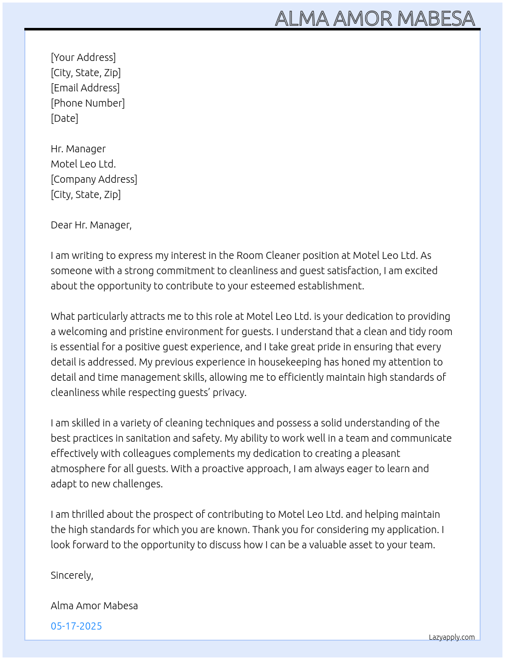 Cover letter for room cleaner - LazyApply