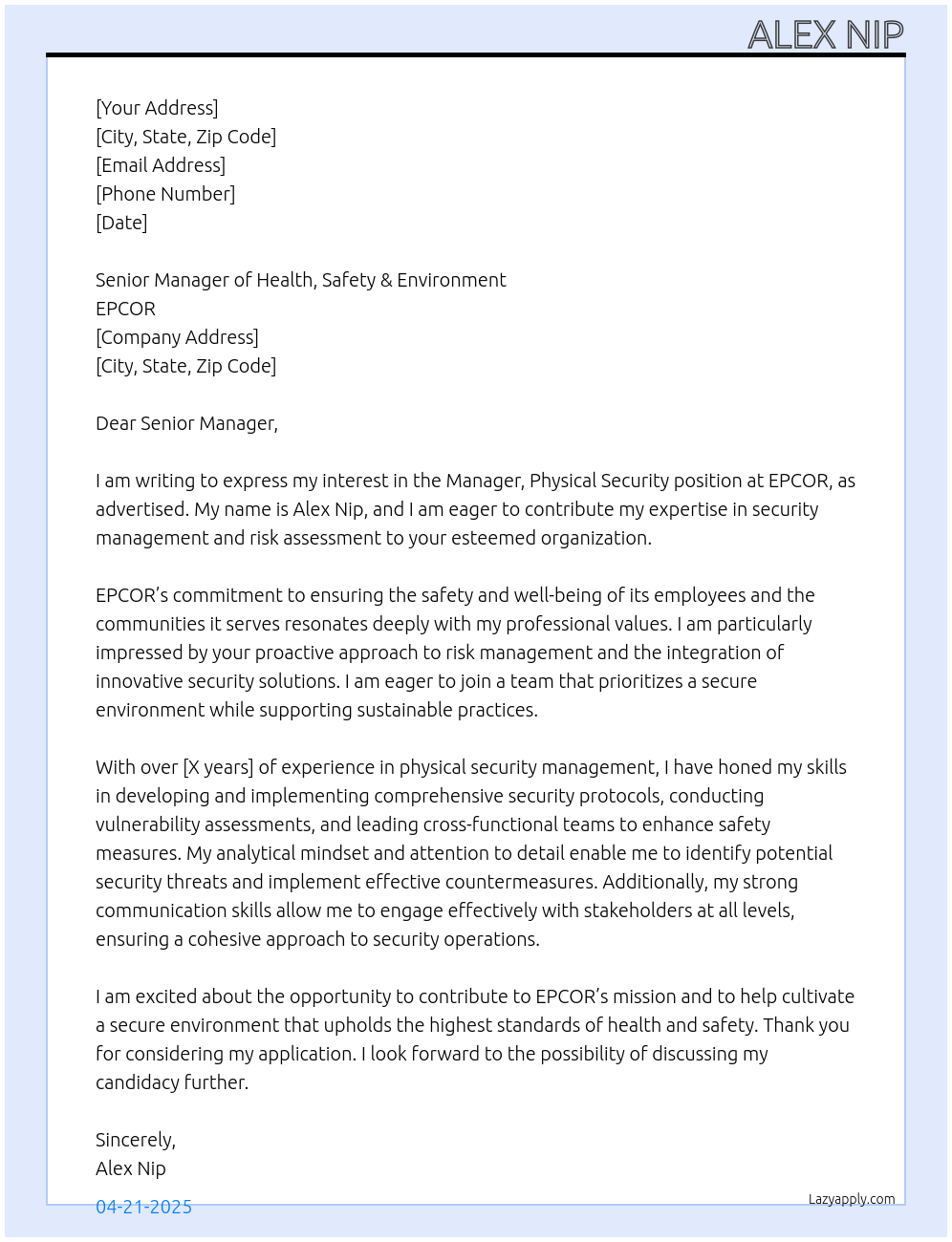 Cover letter for manager, physical security - LazyApply