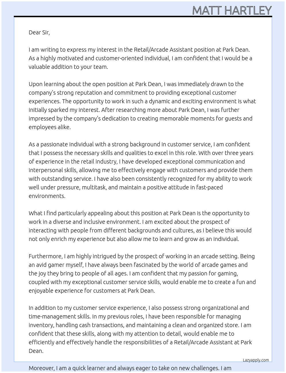 Cover letter for retail/arcade assistant - LazyApply