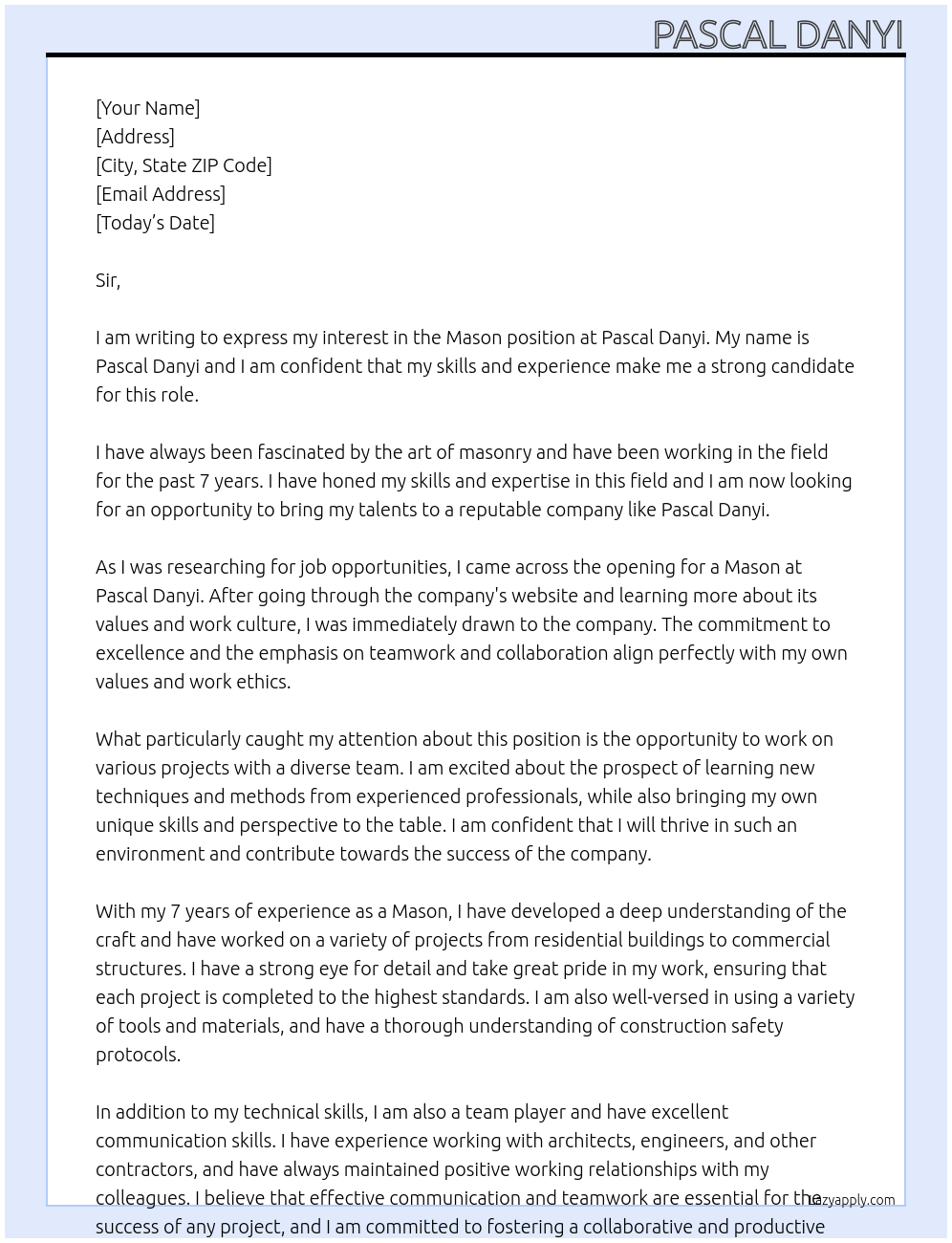 Cover letter for mason - LazyApply