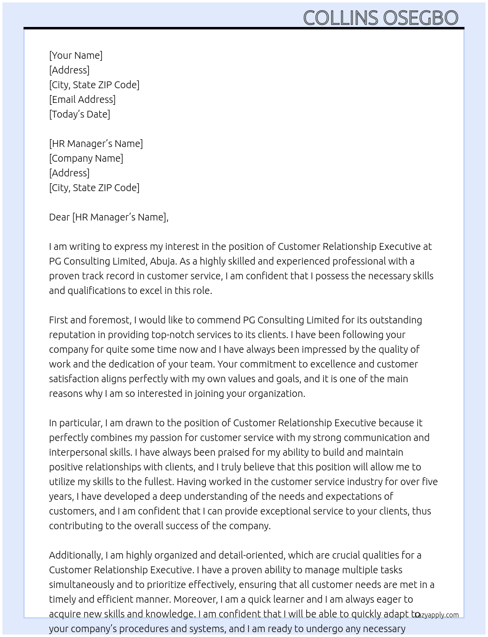 Cover letter for customer relationship executive - LazyApply