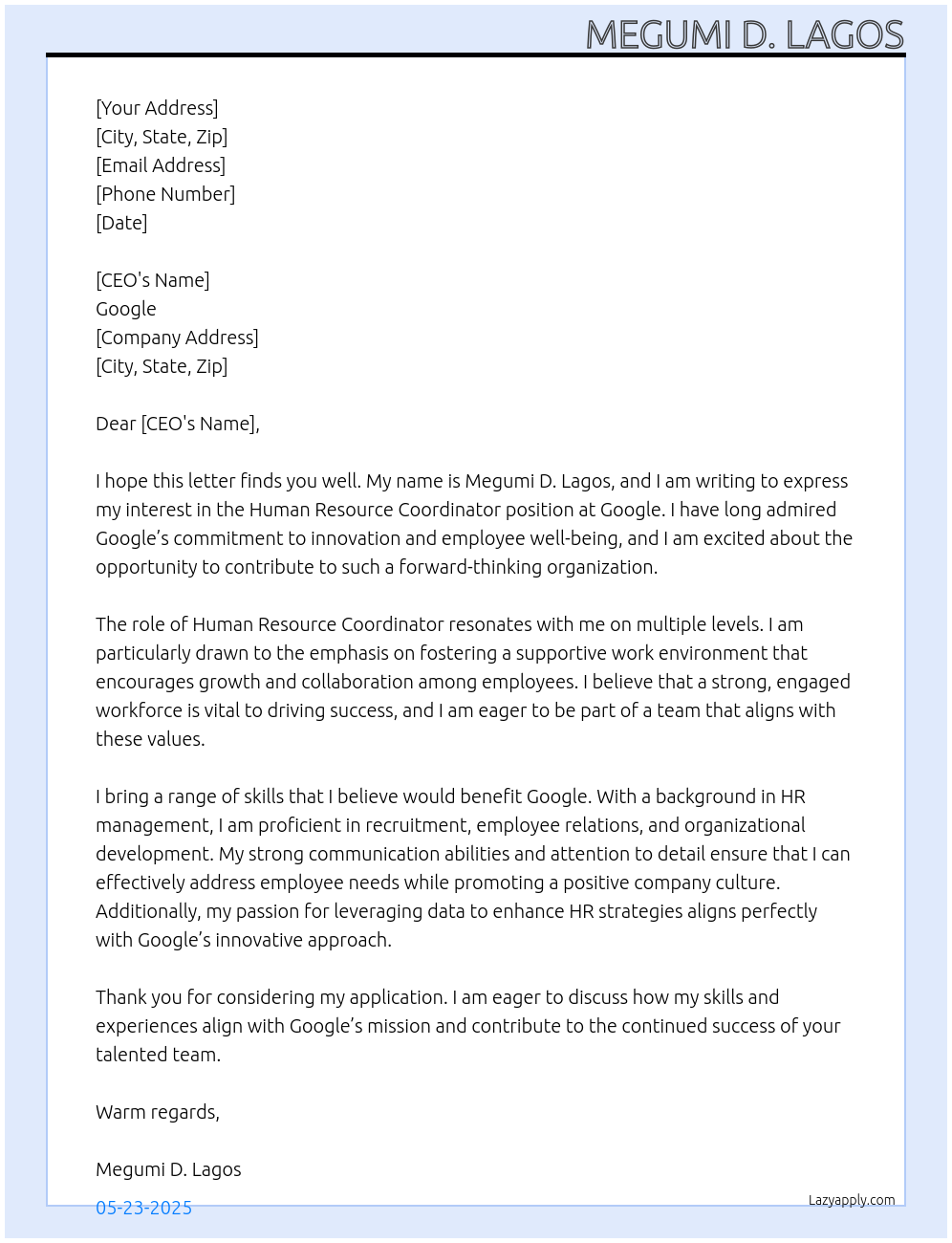 Cover letter for google - LazyApply