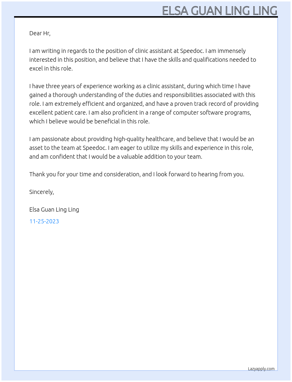 Cover letter for clinic assistant - LazyApply
