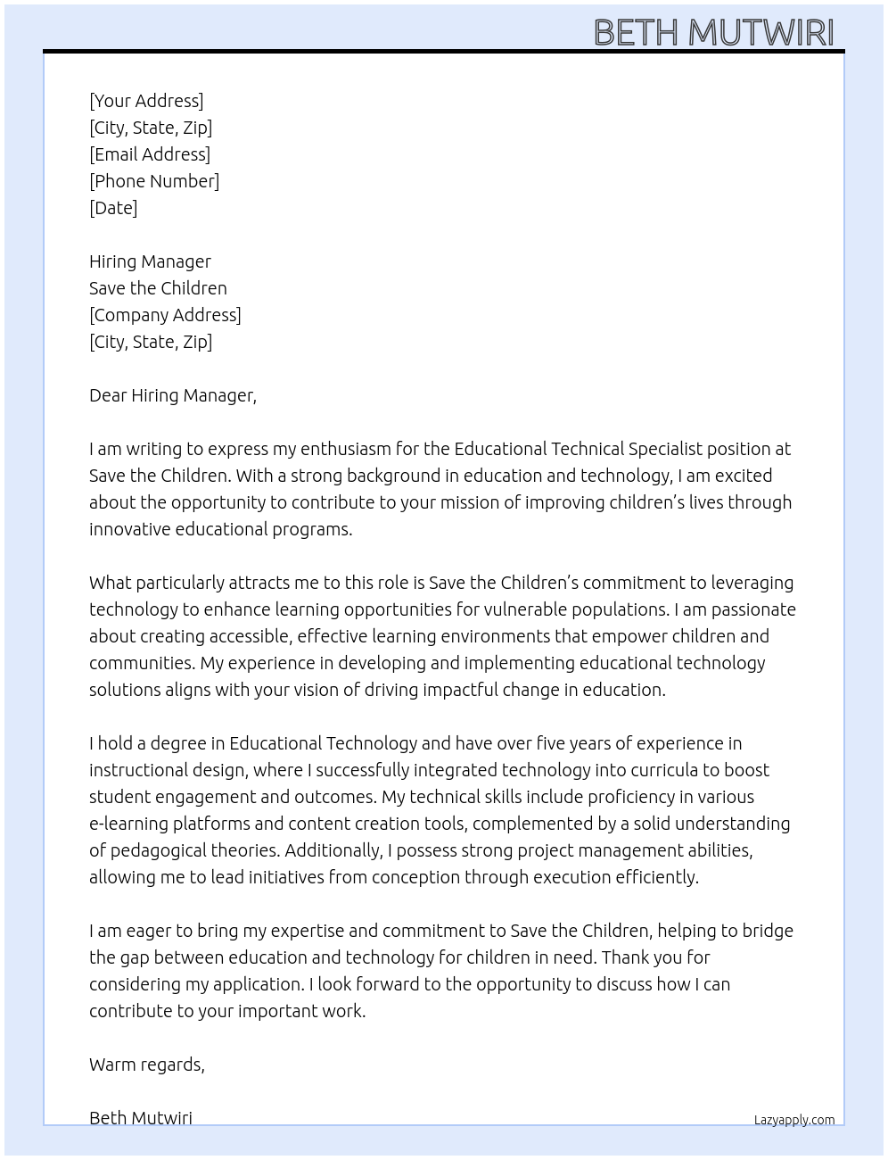 Cover letter for educational technical specialist - LazyApply