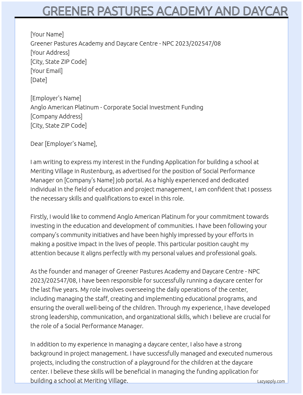 Cover letter for funding application- for building school - LazyApply
