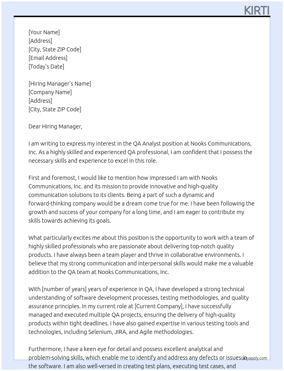 Cover letter for qa analyst - LazyApply