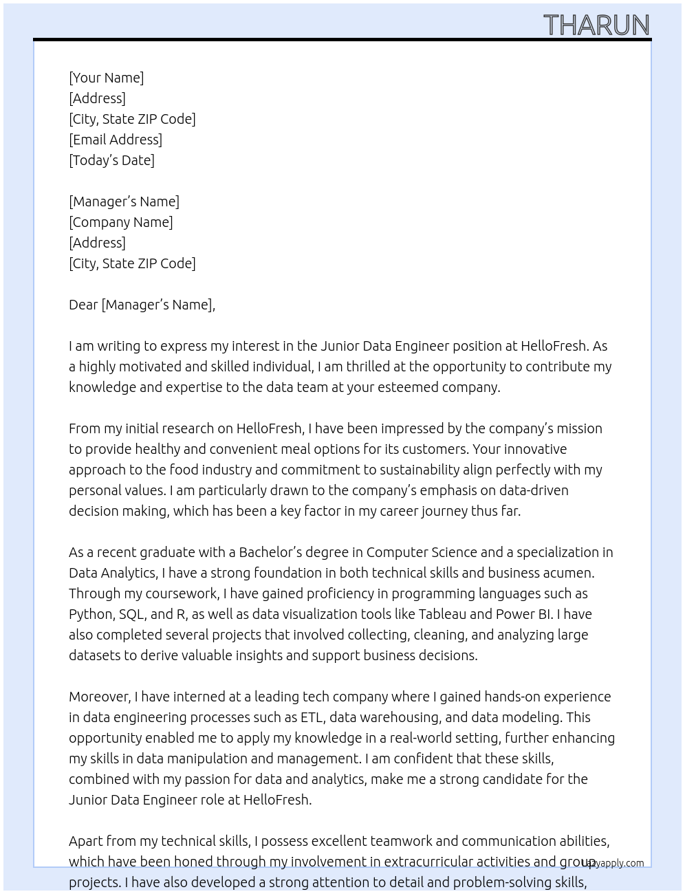 Cover letter for junior data engineer - LazyApply