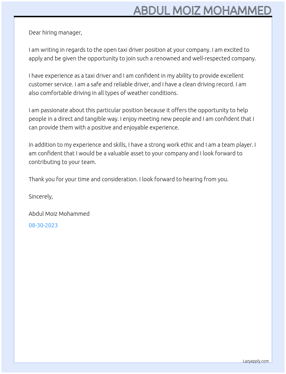 Cover letter for taxi driver - LazyApply