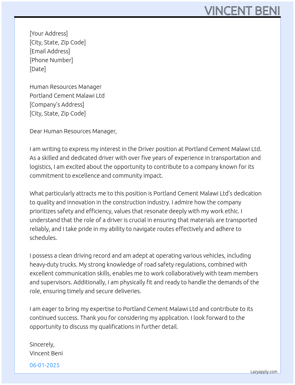 Cover letter for driver - LazyApply