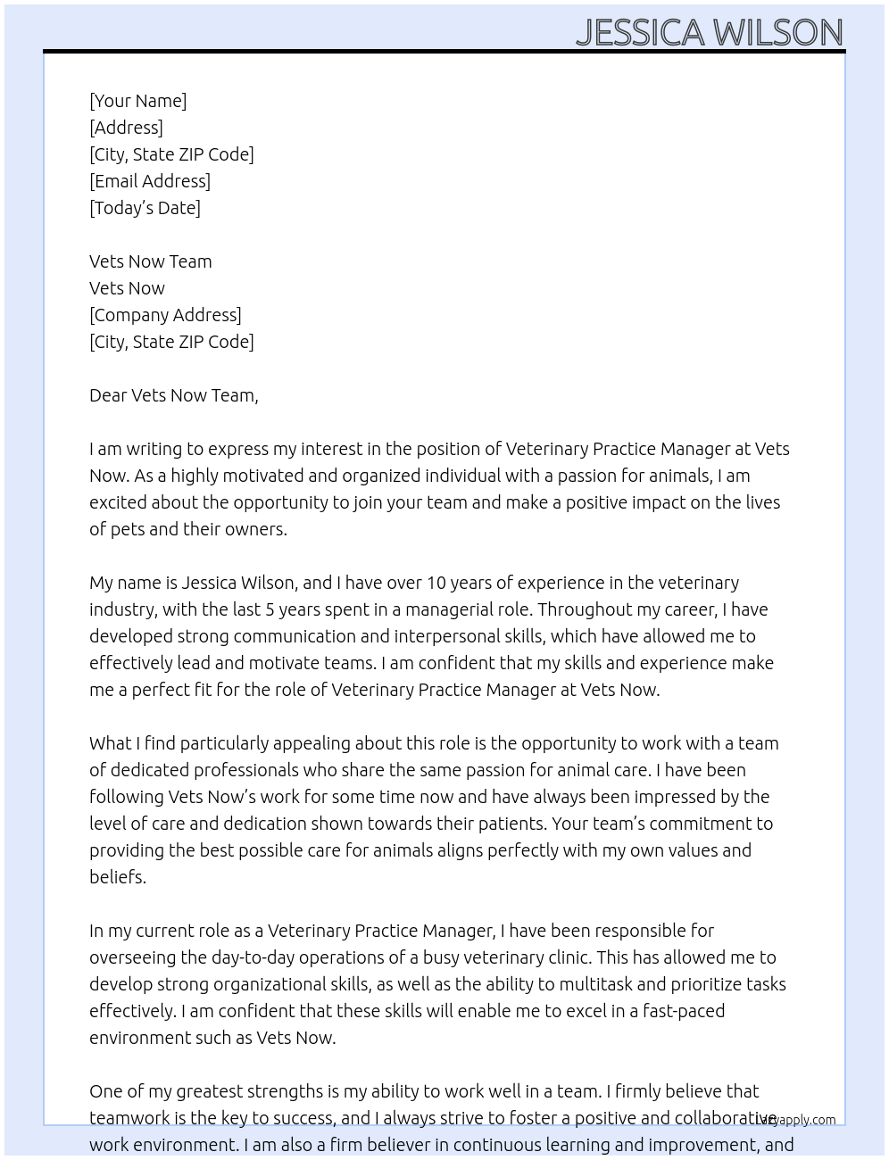 Cover letter for veterinary practice manager - LazyApply