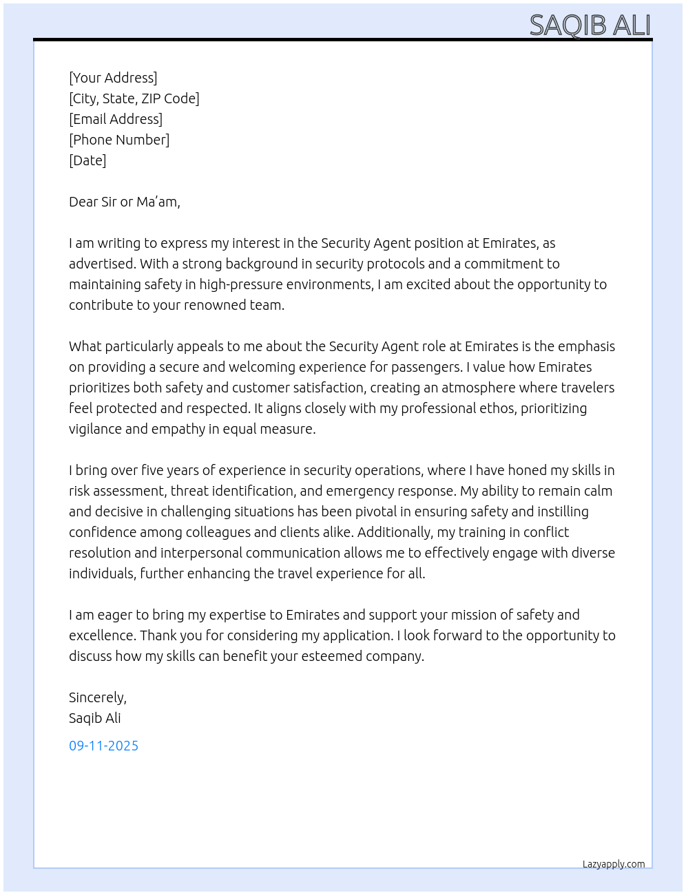 Cover letter for security agent - LazyApply