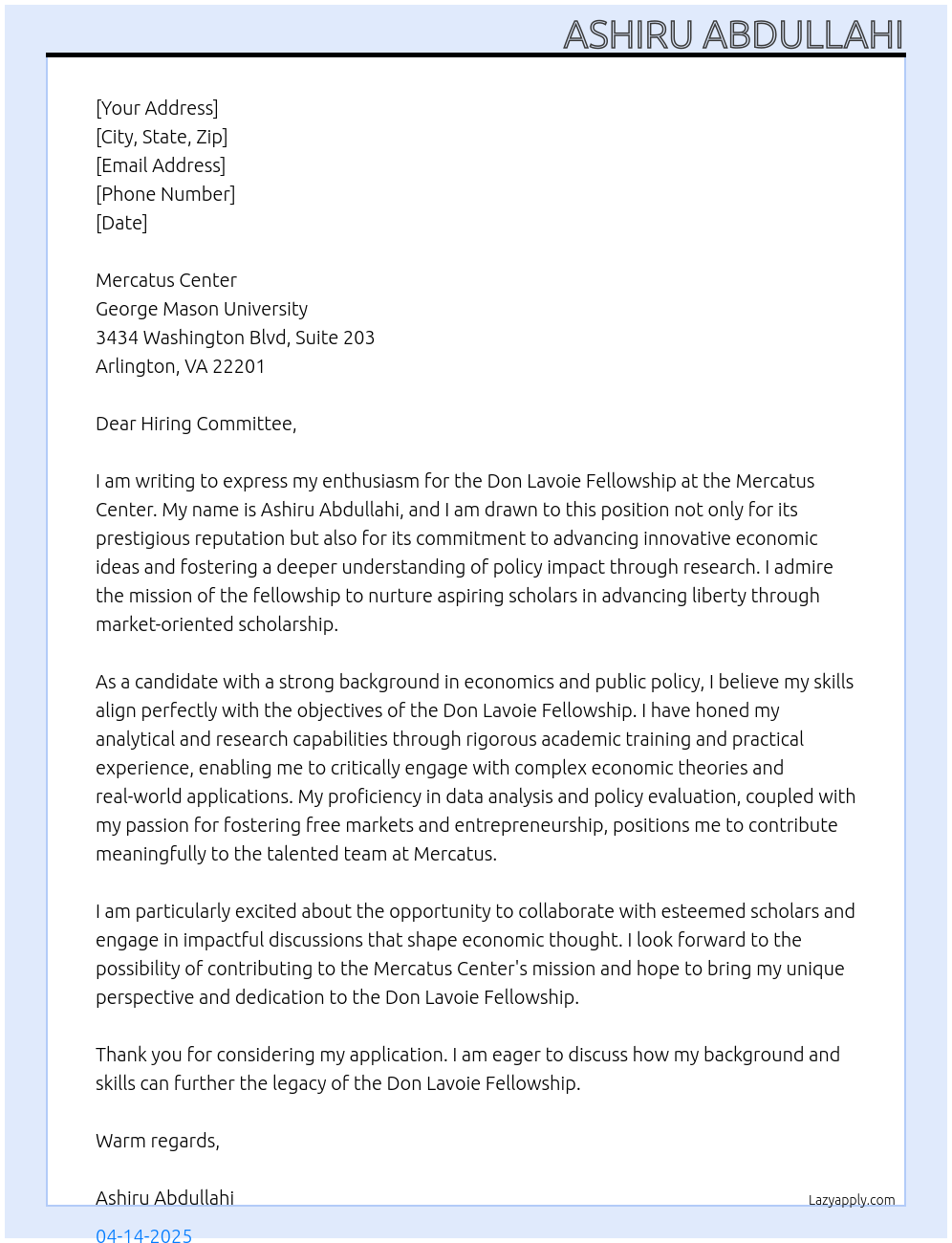 Cover letter for don lavoie fellowship - LazyApply