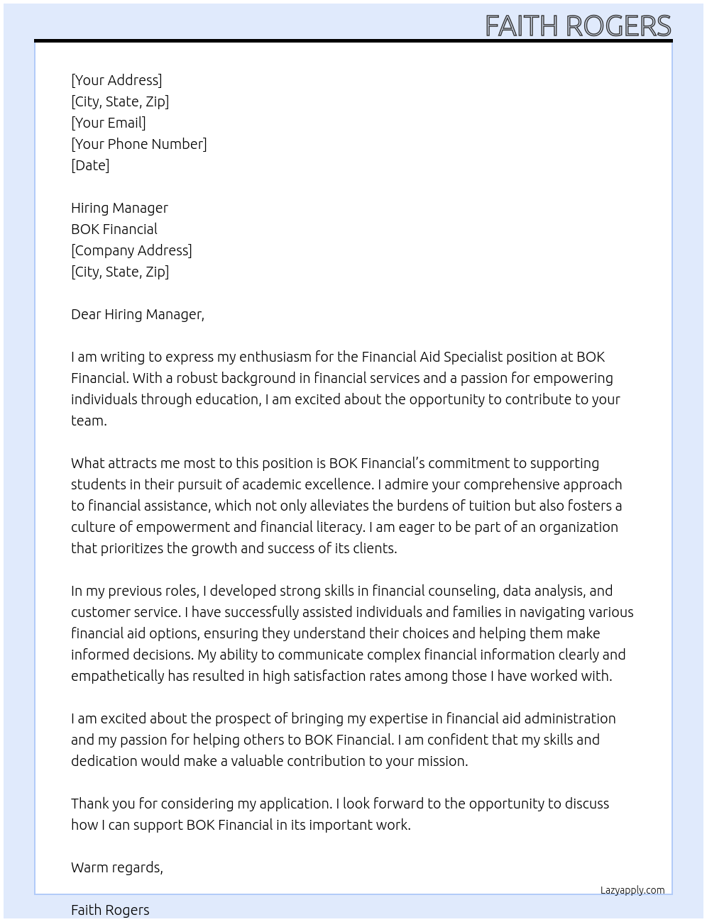 Cover letter for financial aid specialist - LazyApply
