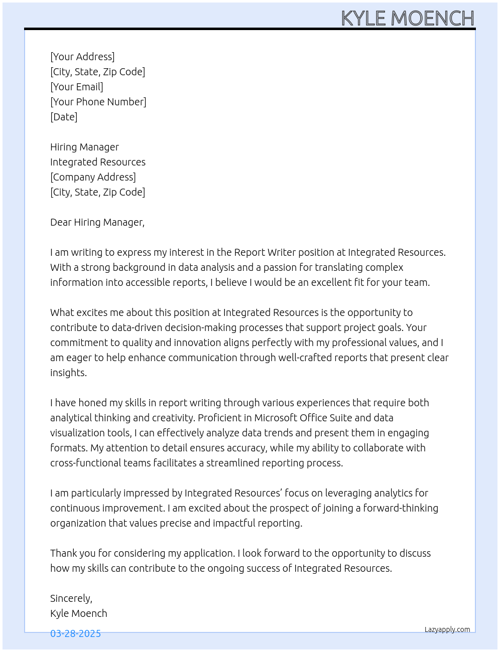 Cover letter for report l writer - LazyApply