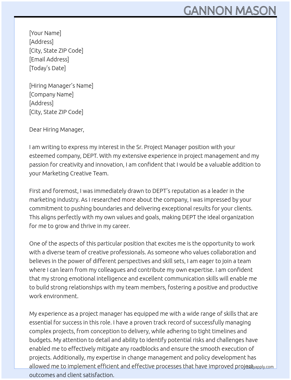 Cover letter for sr. project manager | marketing creative team - LazyApply