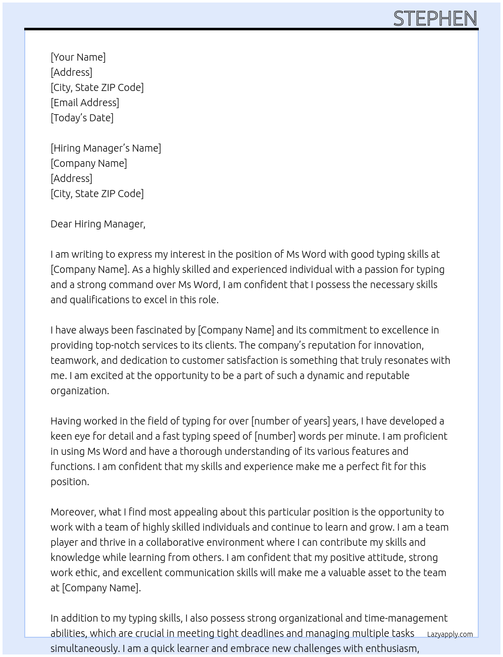 Cover letter for ms word with good typing skills - LazyApply