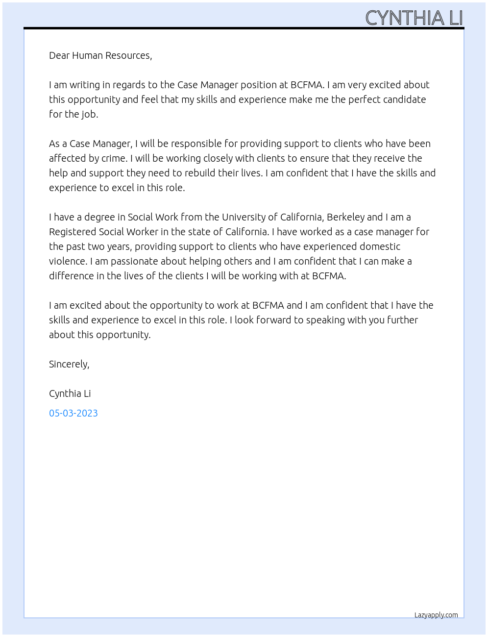 Cover letter for case manager - LazyApply