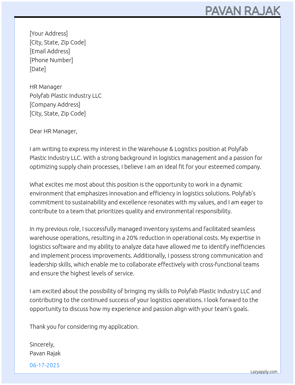 Cover letter for warehouse & logistic - LazyApply
