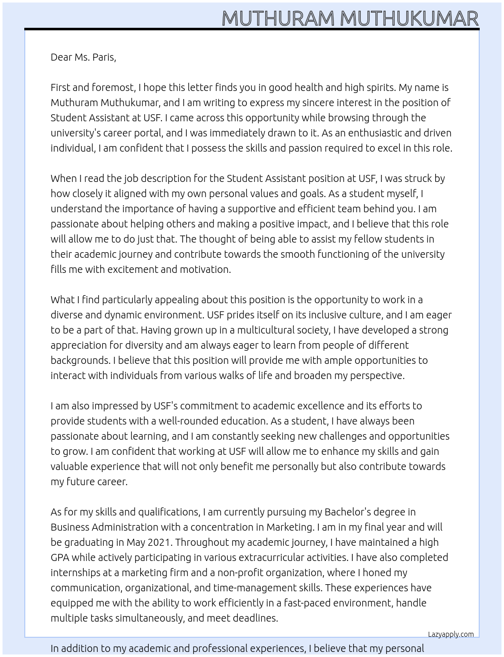 Cover letter for student assistant - LazyApply