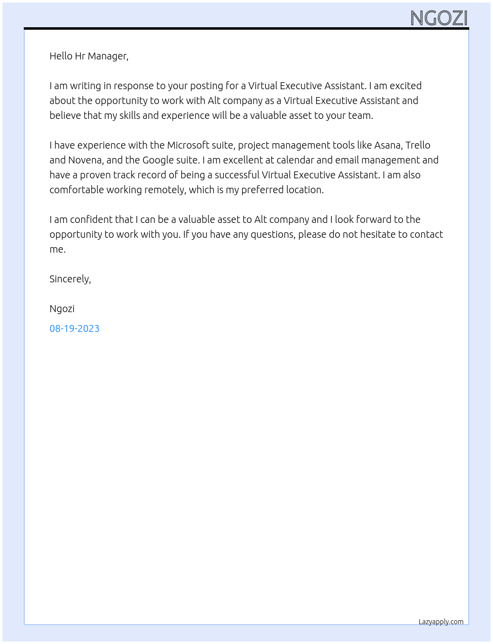 Cover letter for virtual executive assistant - LazyApply