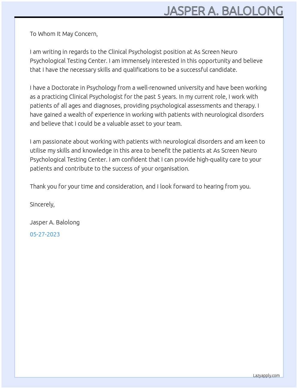Cover letter for clinical psychologist - LazyApply