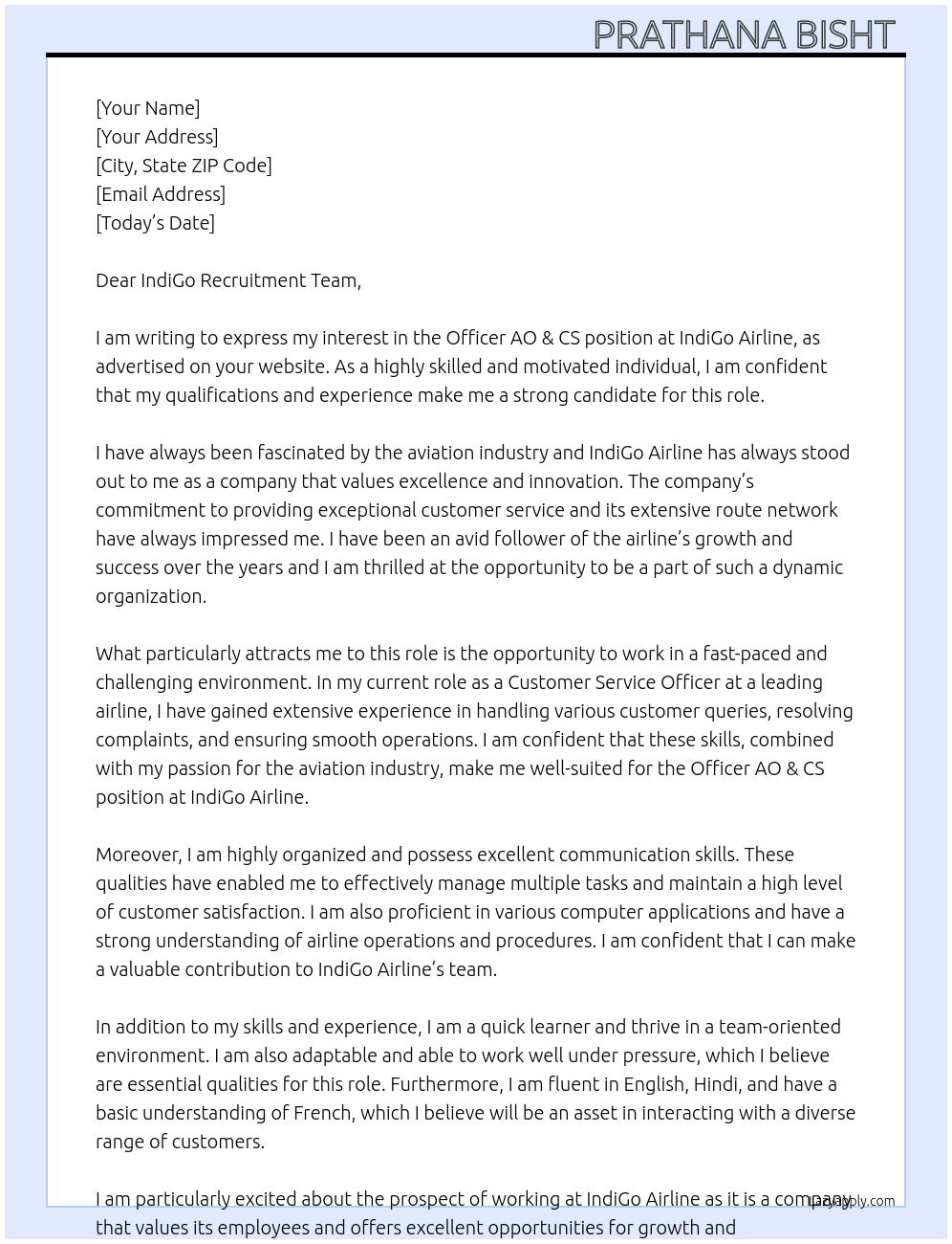 Cover letter for application for the position of officer ao & cs ...