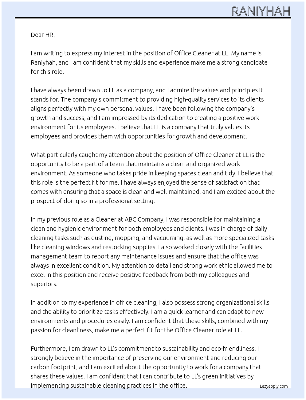 Cover letter for office cleaner - LazyApply