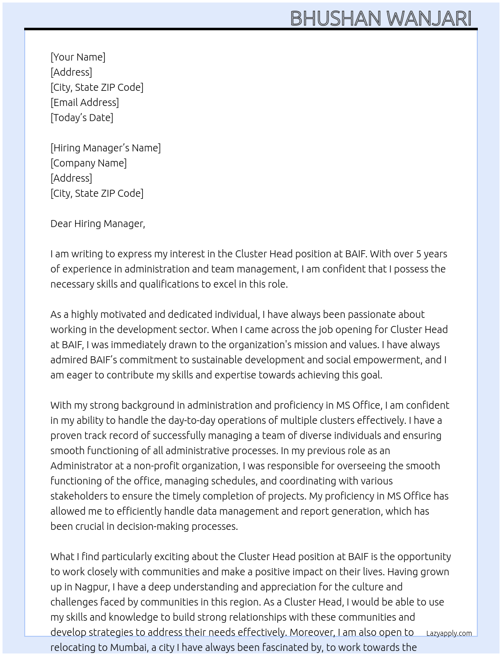 Cover letter for cluster head - LazyApply