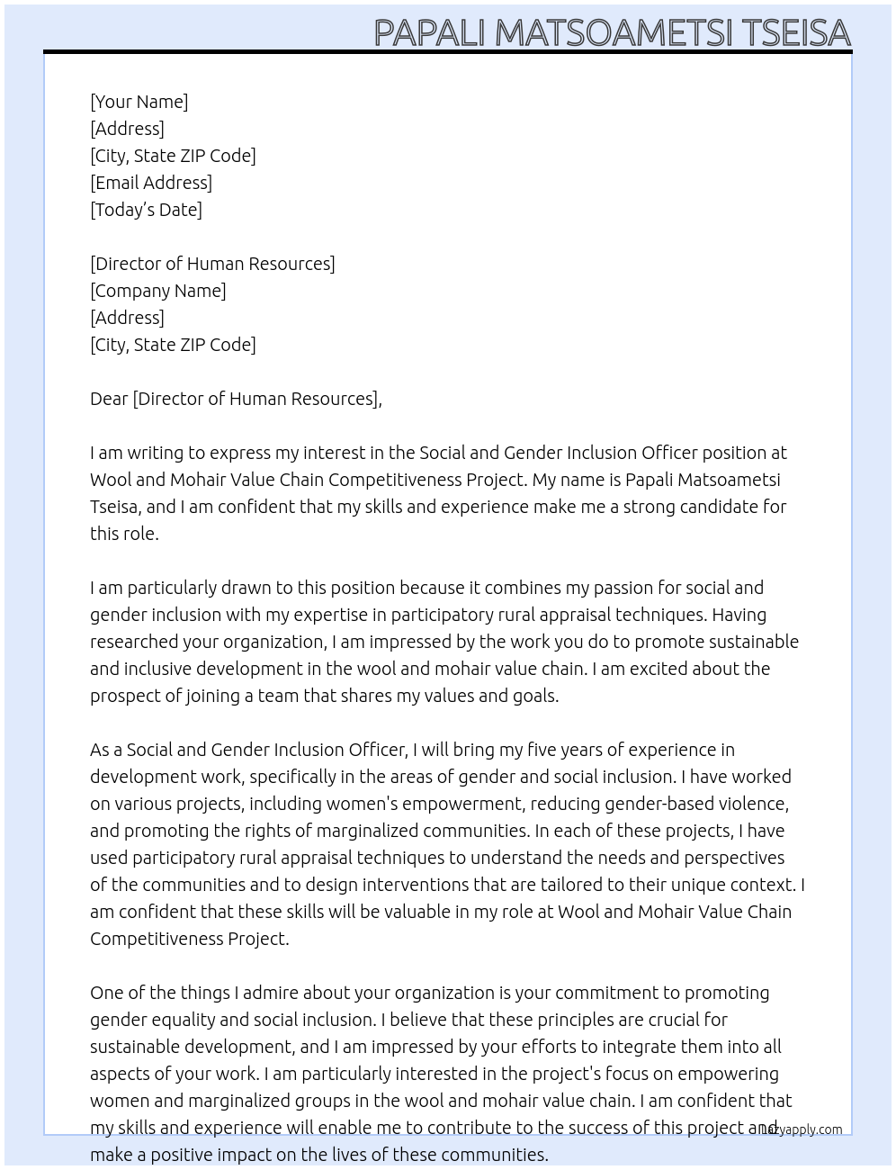 Cover letter for social and gender inclusion officer - LazyApply