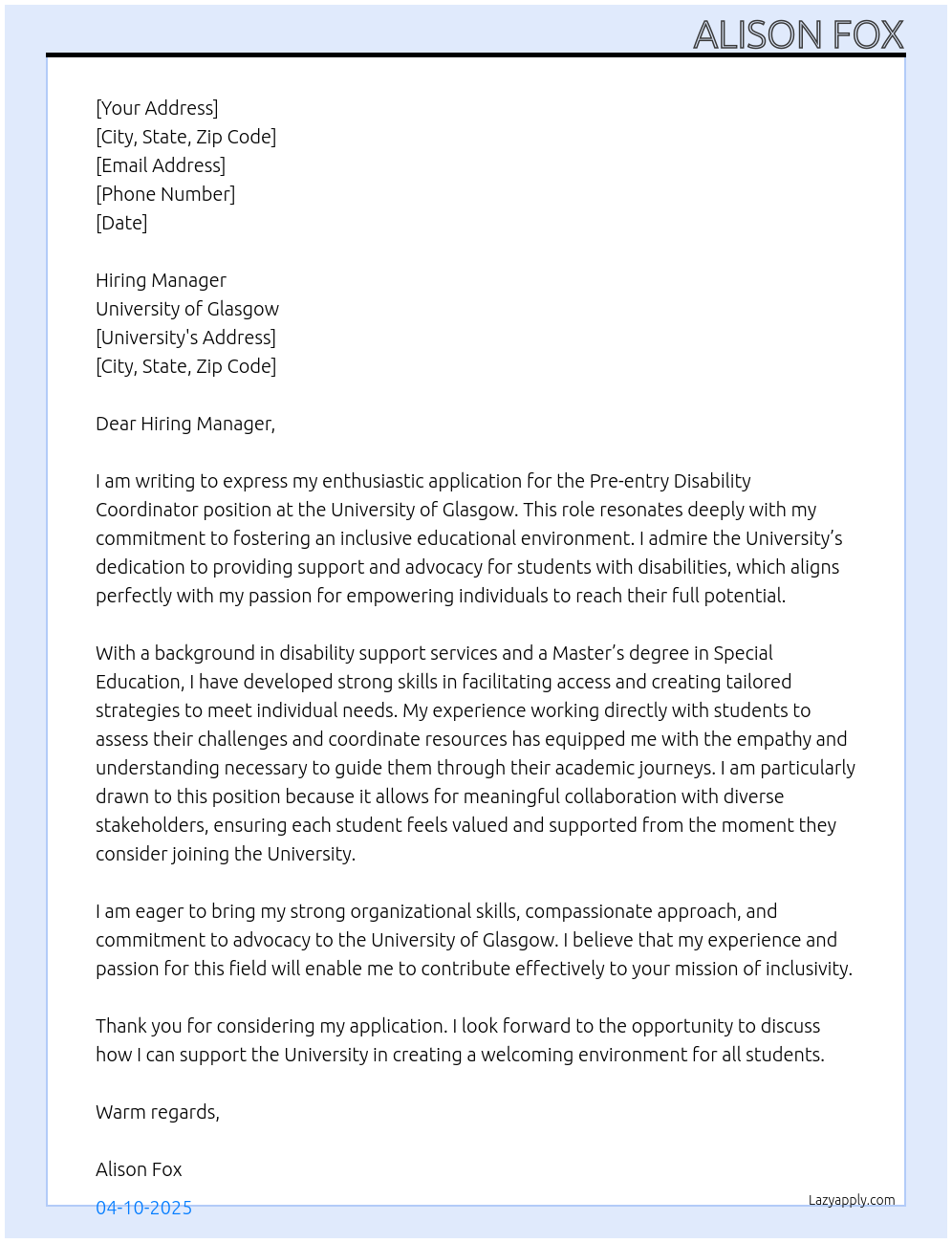 Cover letter for pre-entry disability coordinator - LazyApply