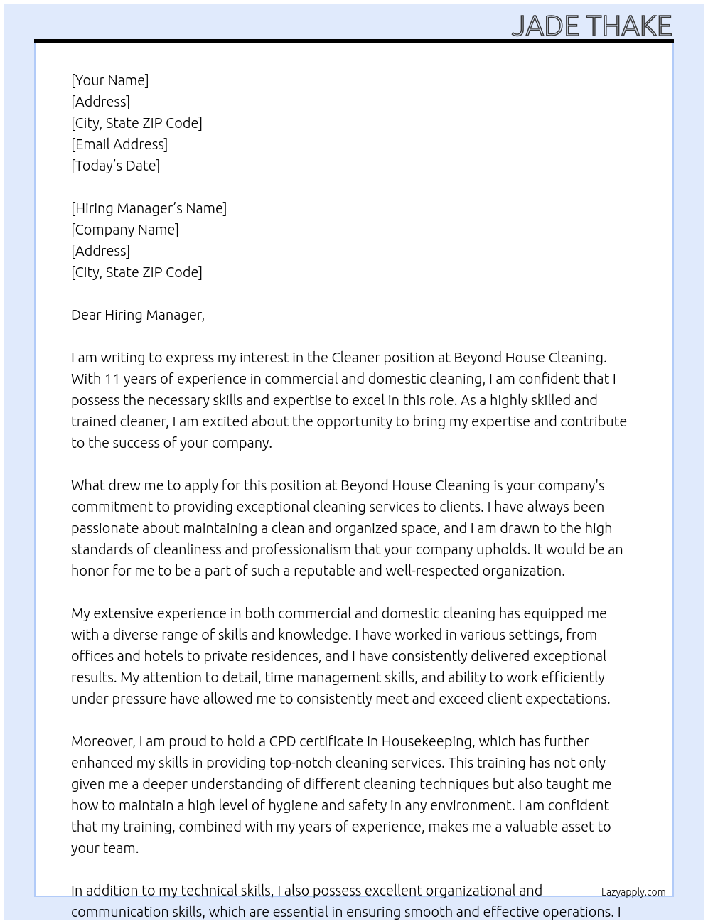 Cover letter for cleaner - LazyApply