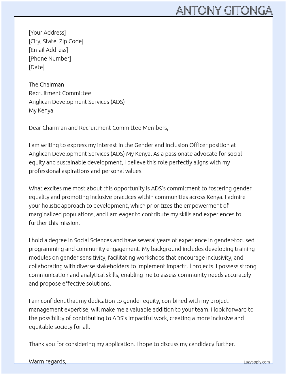Cover letter for gender and inclusion officer - LazyApply