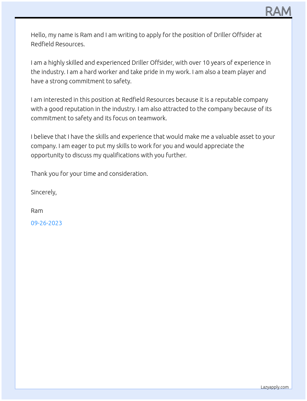 Cover letter for driller offsider - LazyApply