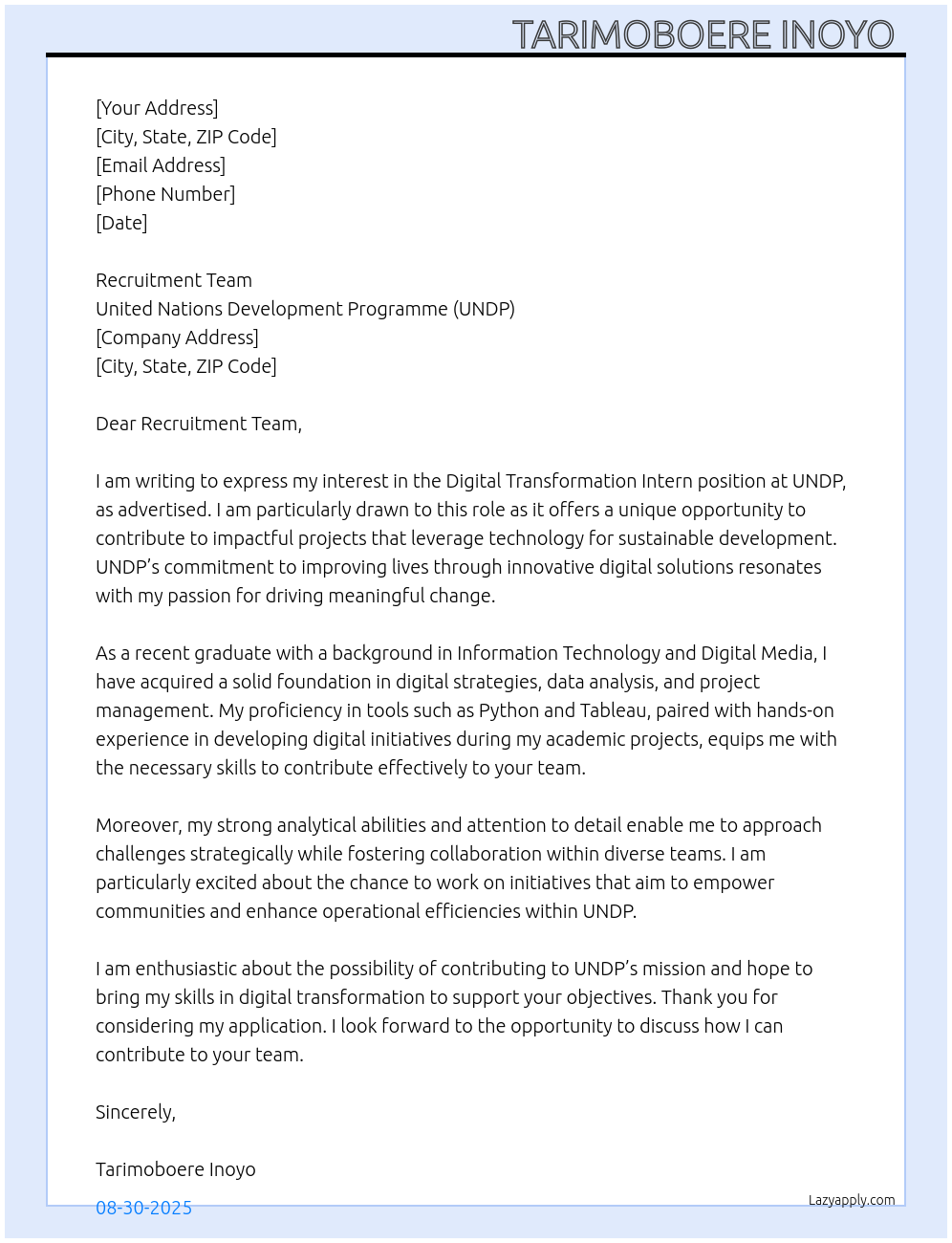 Cover letter for digital transformation intern - LazyApply