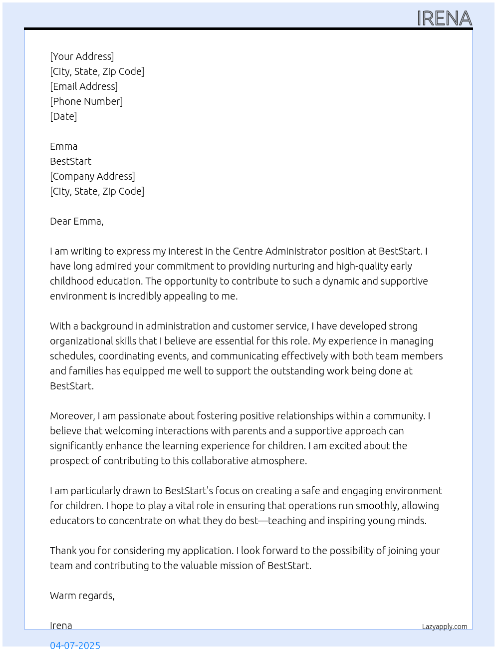 Cover letter for centre administator - LazyApply