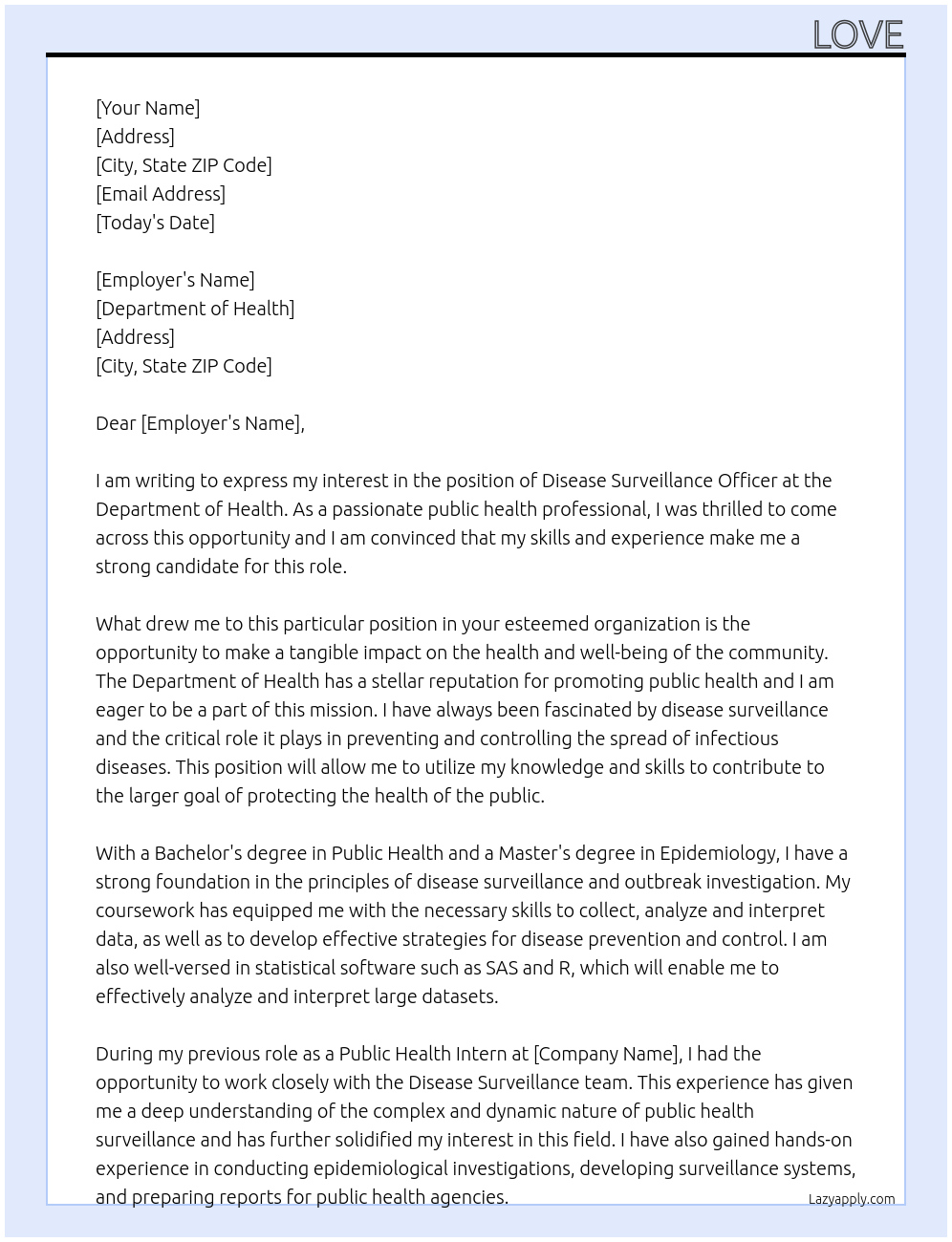 Cover letter for disease surveillance officer - LazyApply