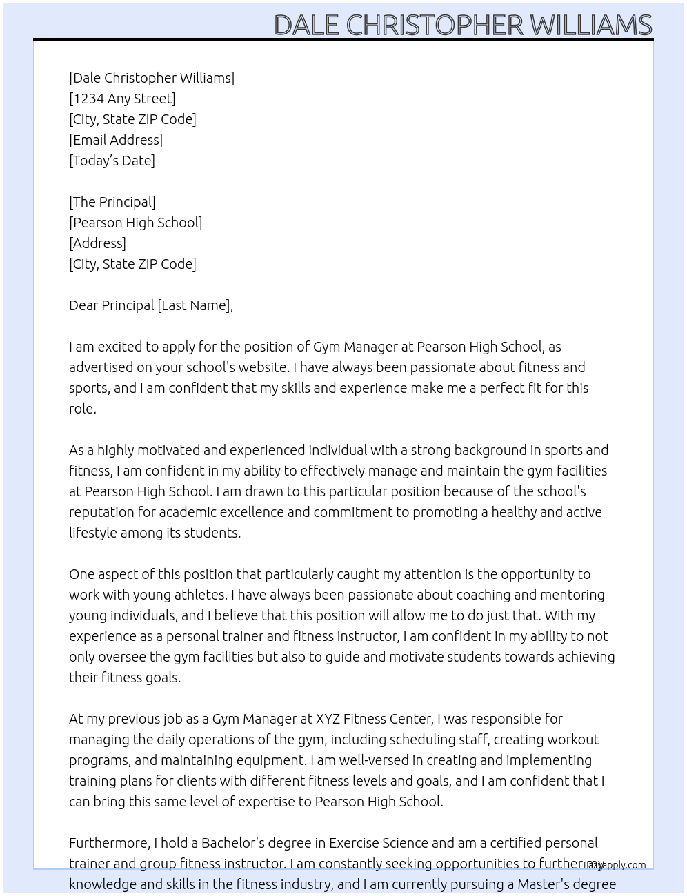 Cover letter for gym manager - LazyApply