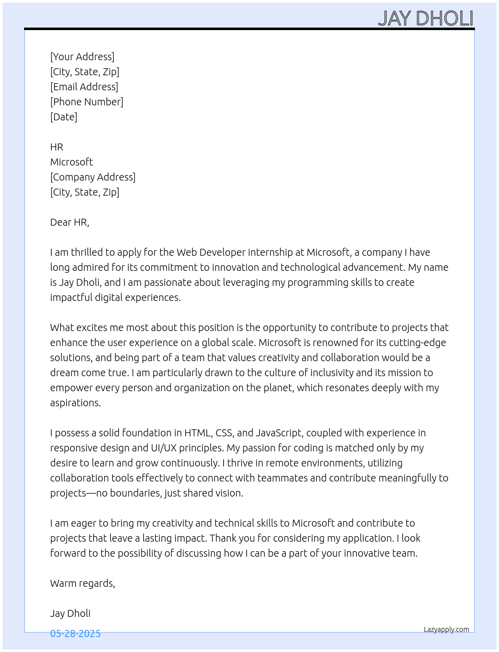 Cover letter for web developer - LazyApply
