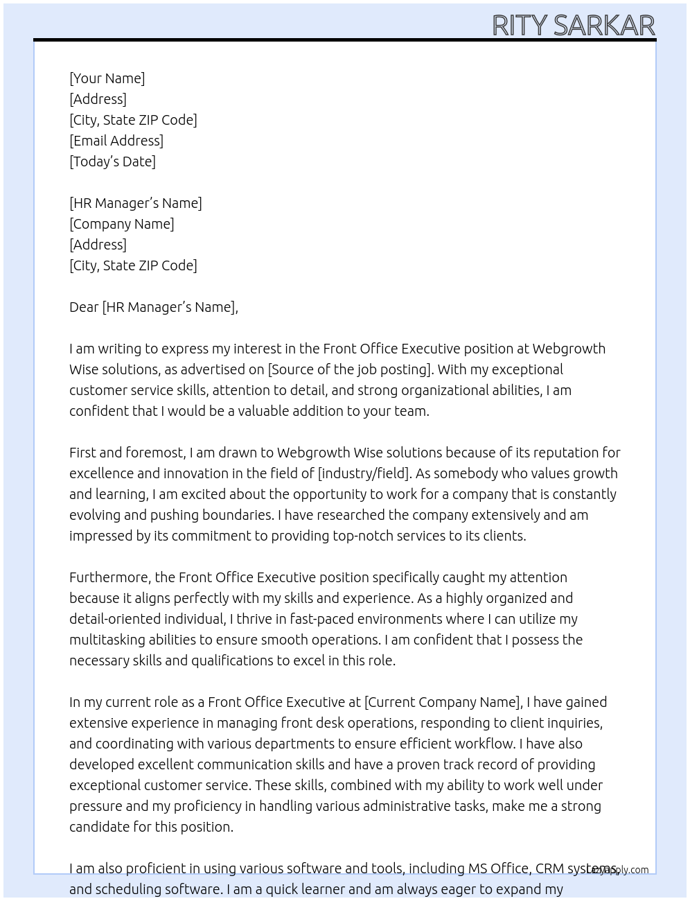 Cover letter for front office executive - LazyApply