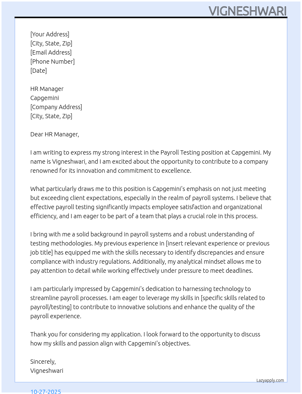 Cover letter for Capgemini - LazyApply