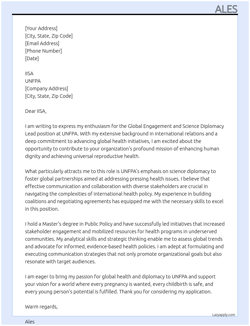 Cover letter for global engagement and science diplomacy lead - LazyApply