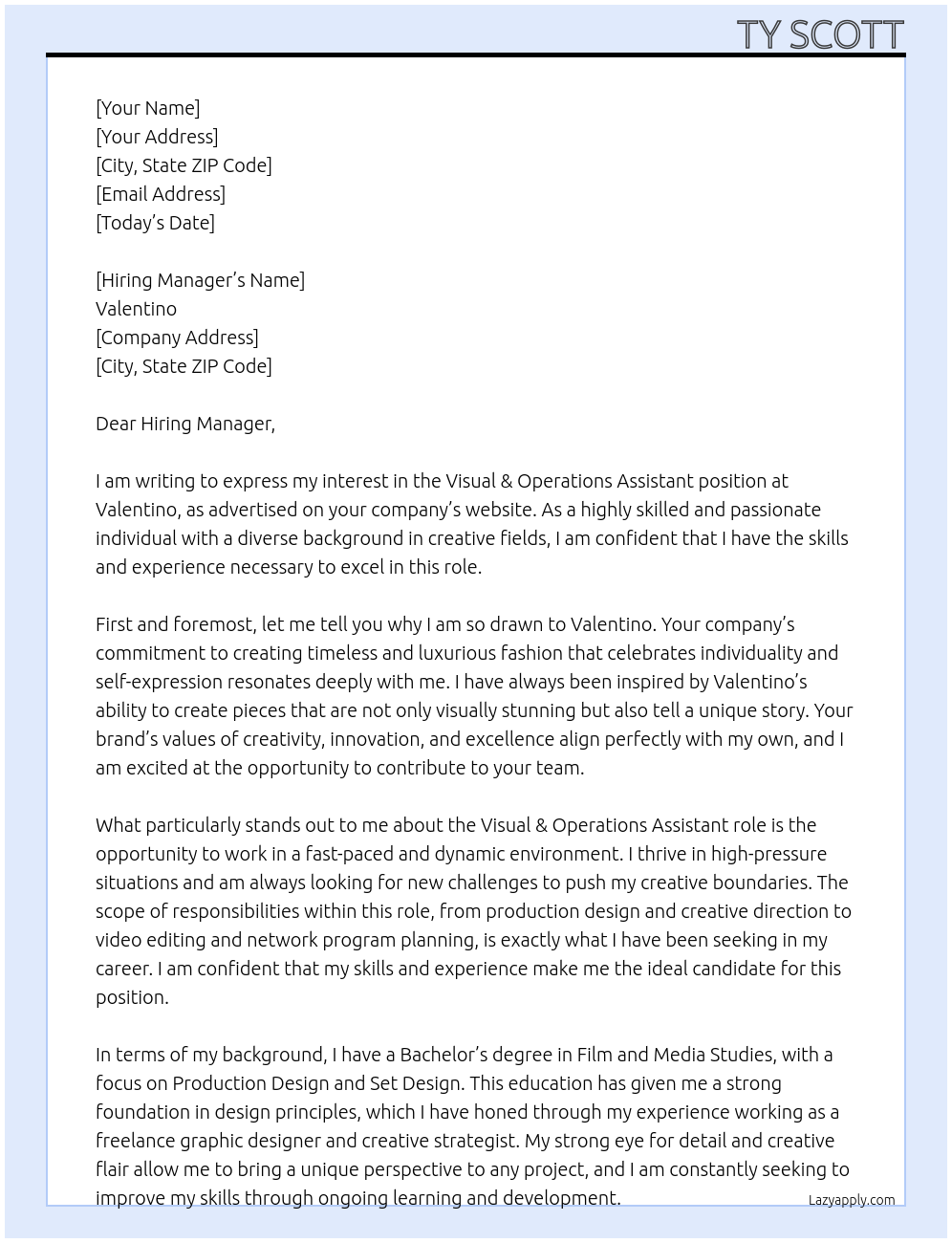 Cover letter for visual & operations assistant - LazyApply