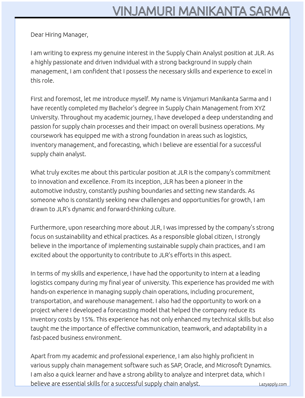 Cover letter for supply chain analyst - LazyApply